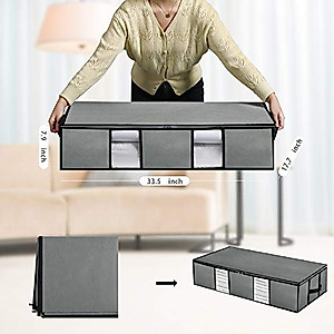 HERNEAT Underbed Storage Bags Organizer Containers 4pack with Firm Handle and Metal Zipper Large Storage Bags Comforters Under Bed Storage Bags with Clear Window for Blankets Clothes