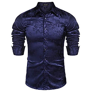 COOFANDY Mens Floral Rose Printed Long Sleeve Dress Shirts Prom Wedding Party Button Down Shirts (Deep blue)