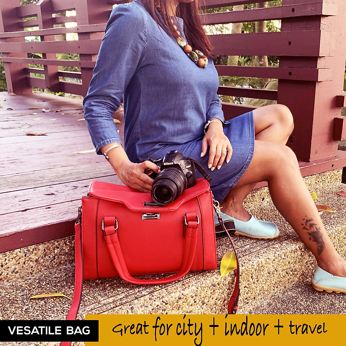 Camera Bags for Women, Multi-Functional Leather Top-Handle Ladies Handbags and Purses with Removable Padded Case