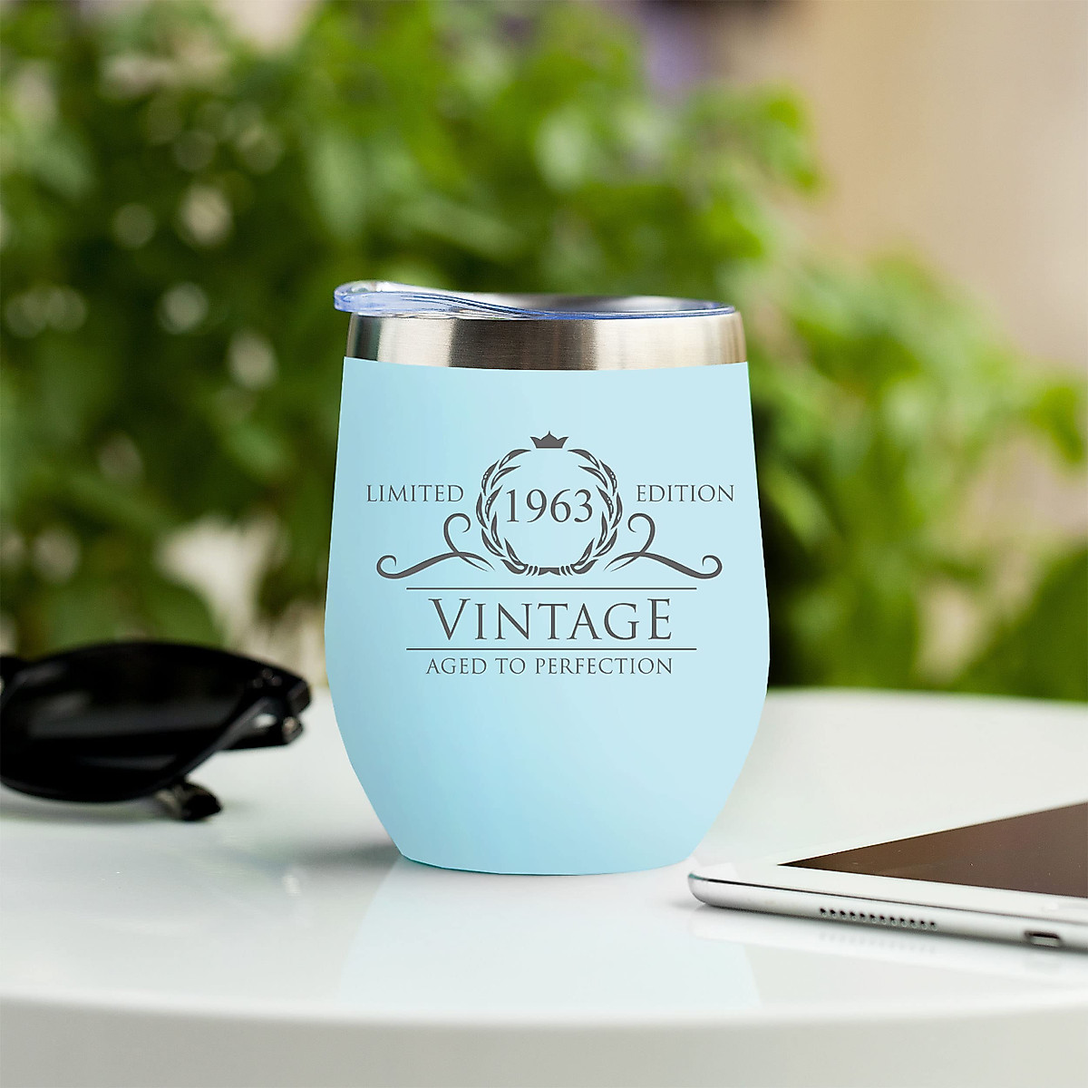 60th Birthday Gifts for Women - 1963, 12 oz Seaside Stemless Wine Tumbler - 60th Birthday Decorations for Women - Birthday Gifts for 60 Year Old Women Mom - Funny 60th Birthday Idea Presents for Women