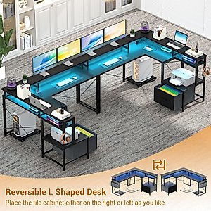 Unikito L Shaped Desk with File Drawer, Reversible L Shaped Computer Desk with Power Outlet & LED Lights, Home Office Desk Corner Desk with Monitor Shelf and Printer Cabinet, Gaming Desk, Black