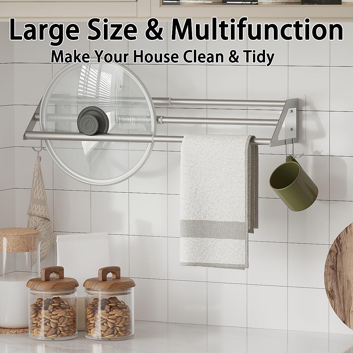 13.5-24 Inch Adjustable Towel Rack with Adhesive Wall Screws for Bathroom, Wall Mount Towel Bar Holder, Bath Towel Shelf Hanger with Movable Hooks, 3-Tiers Ladder Towel Rails, SUS 304 Stainless Steel