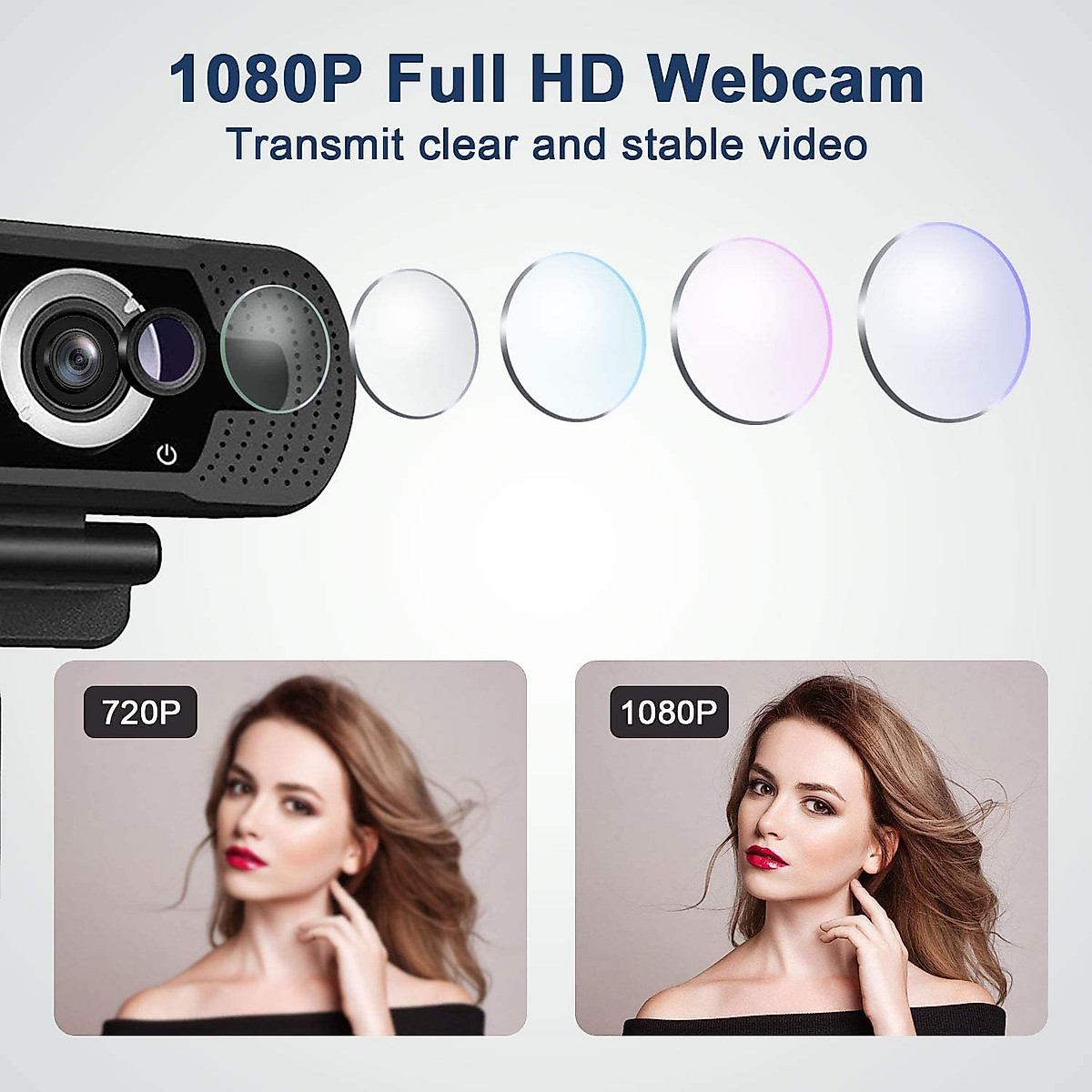 Necesa Webcam HD 1080P, Webcam with Microphone and Privacy Cover, Streaming Computer or Desktop Laptop USB Web Camera with 110 Big Black