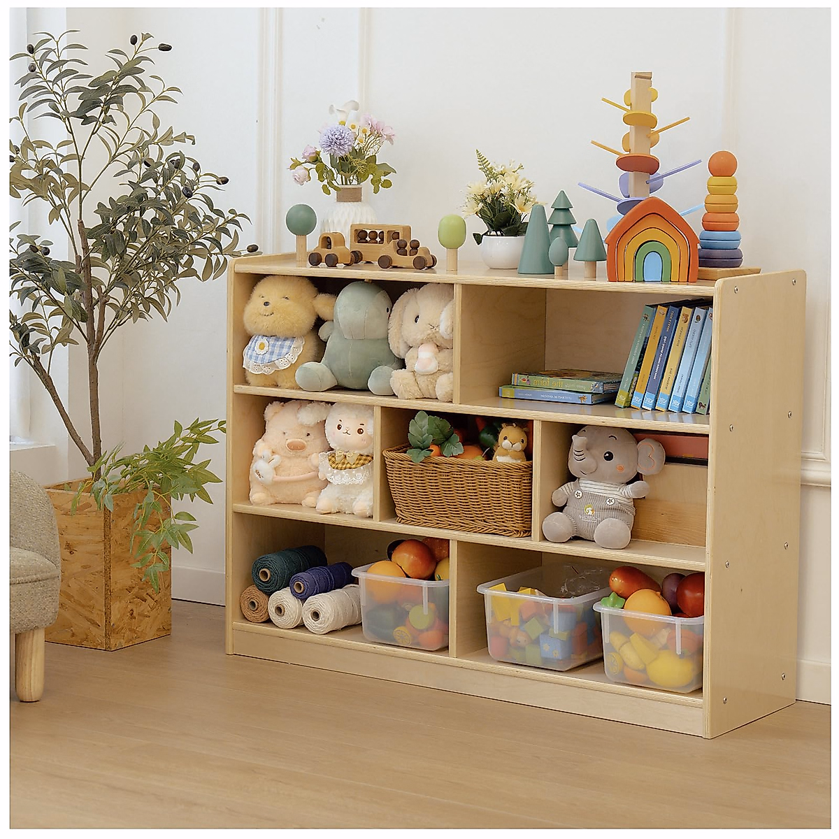 kidi house Kids Bookshelf and Toy Storage Shelf, Wooden Montessori Bookshelf, 3-Tier Toy Shelf with 7 Cubby, Classroom Furniture, Birch Children Bookcase, Book Shelf for Kids Room, Nursery, Playroom