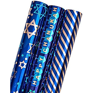 MAYPLUSS Wrapping Paper Roll - Mini Roll - 17 inch X 120 inch Per roll - 3 Different Hanukkah Design (42.3 sq.ft.ttl)