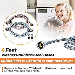 Beaquicy 4 Ft Washing Machine Hoses Burst Proof Braided Stainless Steel - Fit for ALL Washers - Red and Blue Washer Hoses(2 Packs)