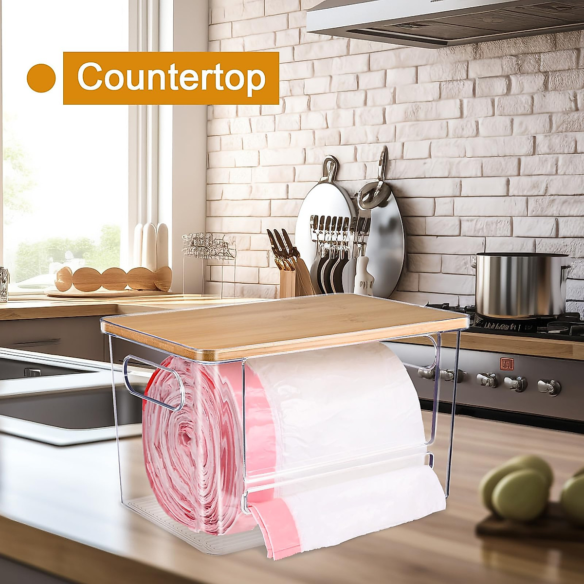 Hiitytin Trash Bag Dispenser Roll Holder, Trash Bag Holder Dispenser with Bamboo Top & Handles, Extra Large Garbage Bag Holder Dispenser Trash Bag Organizer Under Sink