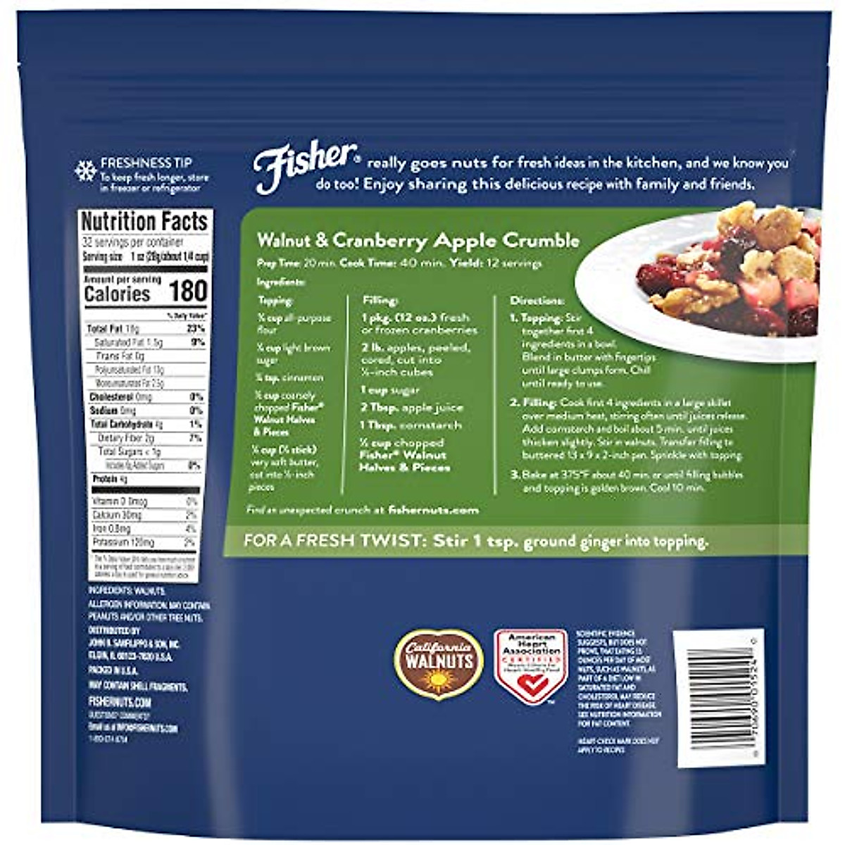 Fisher Chef's Naturals Walnut Halves & Pieces 2 lb, 100% California Unsalted Walnuts for Baking & Cooking, Snack Topping, Great with Yogurt & Cereal, Vegan Protein, Keto Snack, Gluten Free