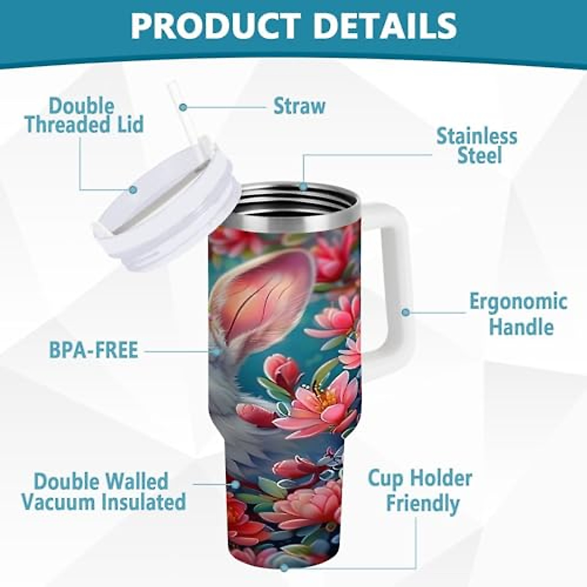 White Rabbit Pink Flowers 40 Oz Tumbler, Stainless Steel Cups with Lid, Tumbler for Men