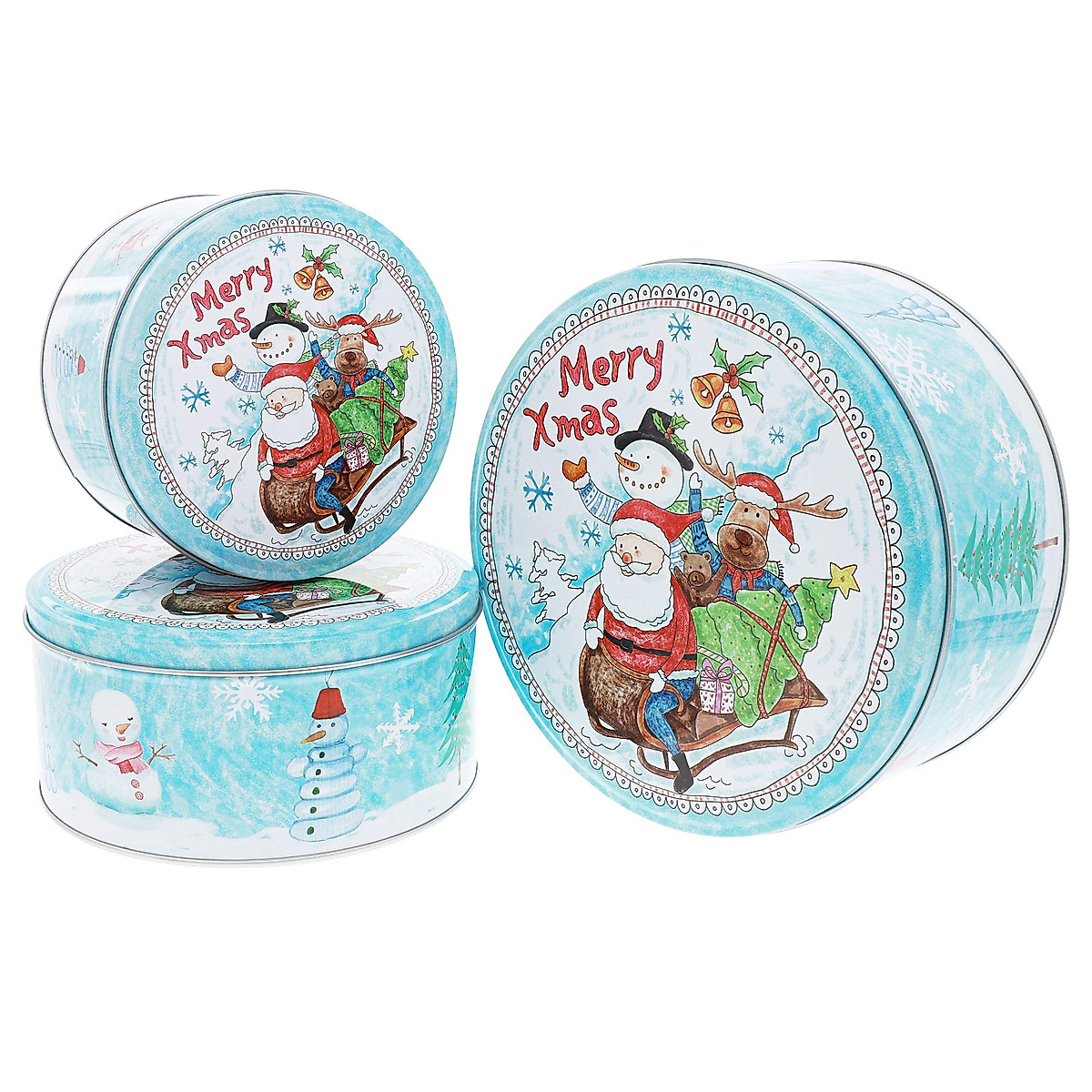 Juvale Christmas Nesting Cake Tins - 3-Set Round Nested Cookie Candy Storage Containers with Lids for Confectioneries, Holiday Decor, Light Blue and White