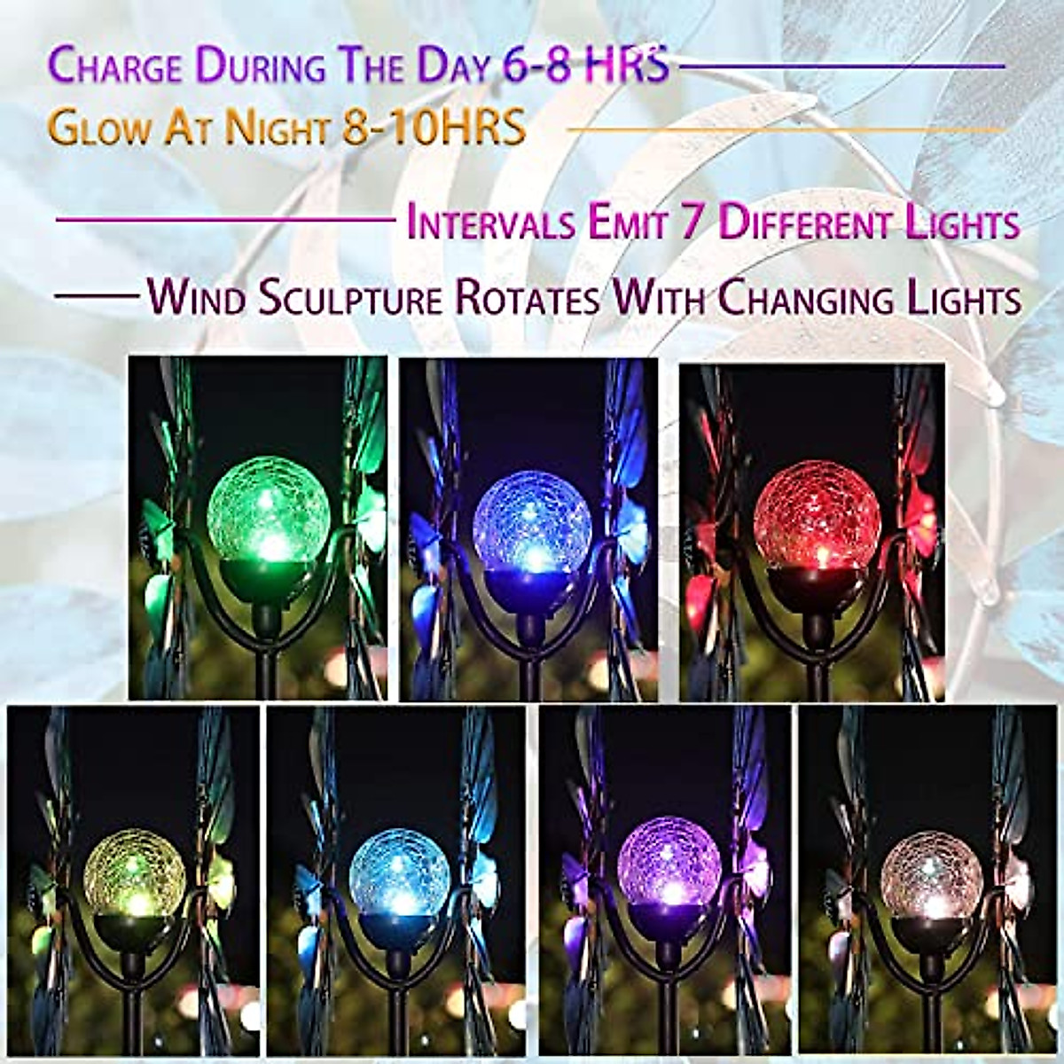 75IN Solar Wind Spinner - Wind Spinners for Yard and Garden Multi-Color LED Lighting Solar Powered Glass Ball with Kinetic Metal Sculpture for Outdoor Yard Lawn & Garden Christmas Holiday