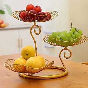 Peifly Gold Fruit Bowl,3-Tier Decorative Fruit Basket Fruit Stand Holder for Kitchen Counter Holder for Vegetables Bread Snack