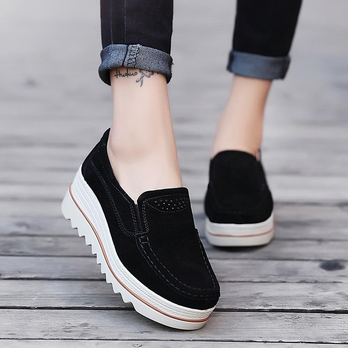 IEason-shoes, Women Flats Muffin Shoes Sneakers Leather Casual Shoes Creepers Moccasins (8, Black)