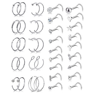 Ofeiyaa 38Pcs Stainless Steel Nose Rings Geometric Nose Studs Septum Ring Hoop Cartilage Stud Nose L & I Shape Body Piercing Jewelry for Women Silver Rose Gold Tone (A2:38pcs,S Silver Stone)