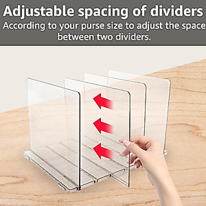LDXDRU 2 Pack Adjustable Acrylic Shelf Dividers, 8 Dividers Purse Storage Organizer for Closet, Clear Purse Organizer for Closet, Bedroom, Office, Cabinets, Bookshelf, Keep Purses Upright