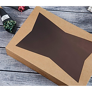 ONE MORE [15-Pack] 14 x10 x 3inch Brown Paperboard Lock Corner Window Bakery Cookie Boxes, Large Container with PVC Windows for Pie and Cookie Box