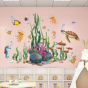 RW-1073 3D Ocean Wall Decals Under The Sea Fish Wall Stickers Ocean Animals Wall Art Decals View Under Sea Removable DIY Stickers for Kids Babys Bedroom Bathroom Living Room Nursery Home Decoration