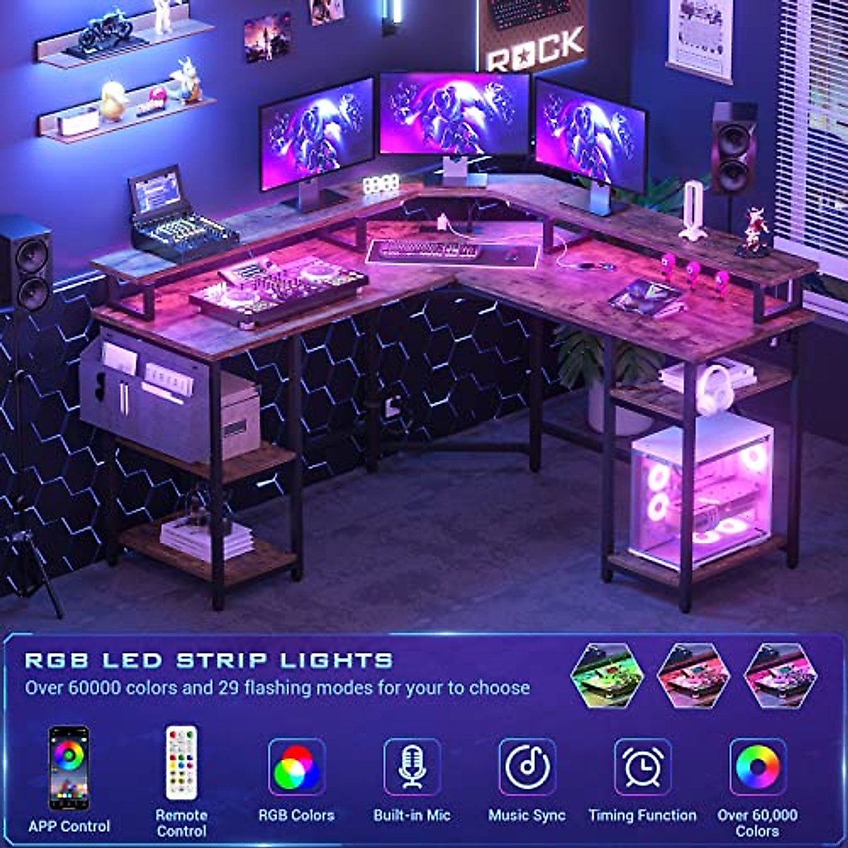 Aheaplus L Shaped Gaming Desk with Power Outlets & LED Lights, Corner Computer Desk with Monitor Stand and Storage Shelf, Home Office Writing Desk with Storage Bag, Rustic Brown
