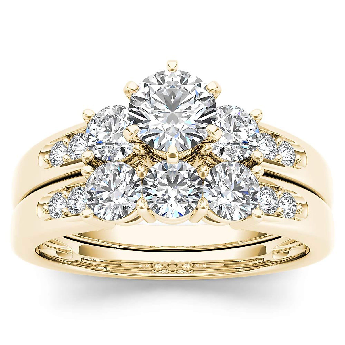 DZON IGI Certified 14k Yellow Gold 1 3/8 Carat TDW Diamond Three Stone Bridal Ring Set (I-J,I2)