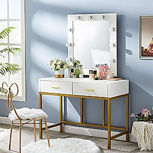 Tribesigns Vanity Table with Lighted Mirror, Makeup Vanity Dressing Table with 9 Lights and 2 Drawers for Women, Dresser Desk Vanity Set for Bedroom, Gold (White)
