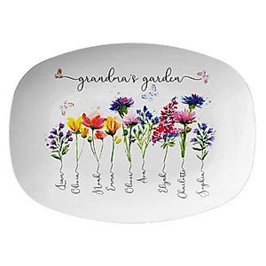 Custom Grandma's Garden Plate With Grandkids Names Family Name Watercolor Flowers Personalized Platter Unique Mothers Day Gift for Grandma Serving Trays Serving Plates for Fish Dish, Steak