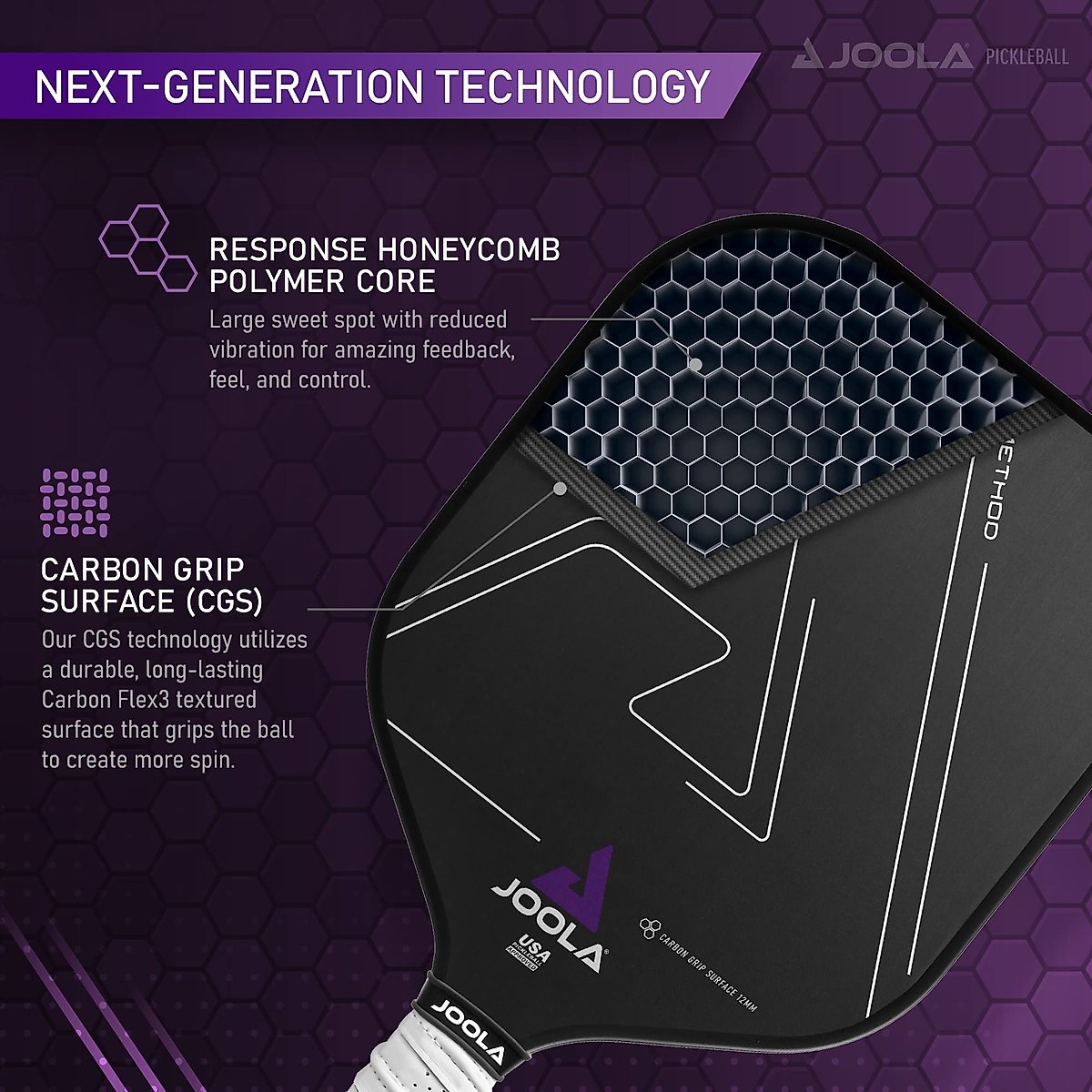 JOOLA Method Pickleball Paddle with Smooth or Textured Carbon Grip Surface Technology for Maximum Spin and Control - Polypropylene Honeycomb Core Pickleball Racket Available in 12mm and 14mm