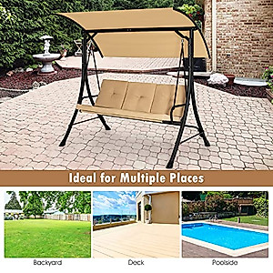 Tangkula 3 Person Porch Swing, Outdoor Swing with Removable Cushions, Solid Steel Structure, Patio Swing with Adjustable Canopy for Garden, Backyard, Balcony, Poolside