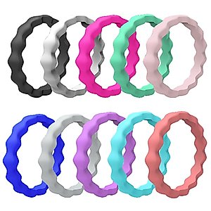AZYOUNG Womens 3mm Wide Wave Silicone Wedding Ring 10pcs sets Green Blue White Stackable Rubber Bands - US Size 4-10 (8)