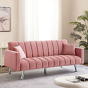 AWQM Sofa Bed, Upholstered Convertible Sofa Bed with 2 Pillows, Modern Sleeper Sofa Couch with Wooden Frame and Metal Legs, Comfortable Velvet Sofa Suitable for Living Room Bedroom Office (Pink)