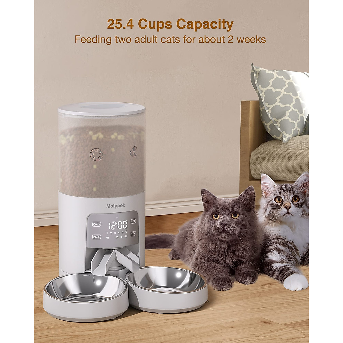 Molypet Automatic Cat Feeders for 2 Cats - 6L Cat Food Dispenser with Double Bowls, Programmable Timed Cat Feeder up to 6 Meals per Day with 10S Voice Recorder, Support Dual Power Supply