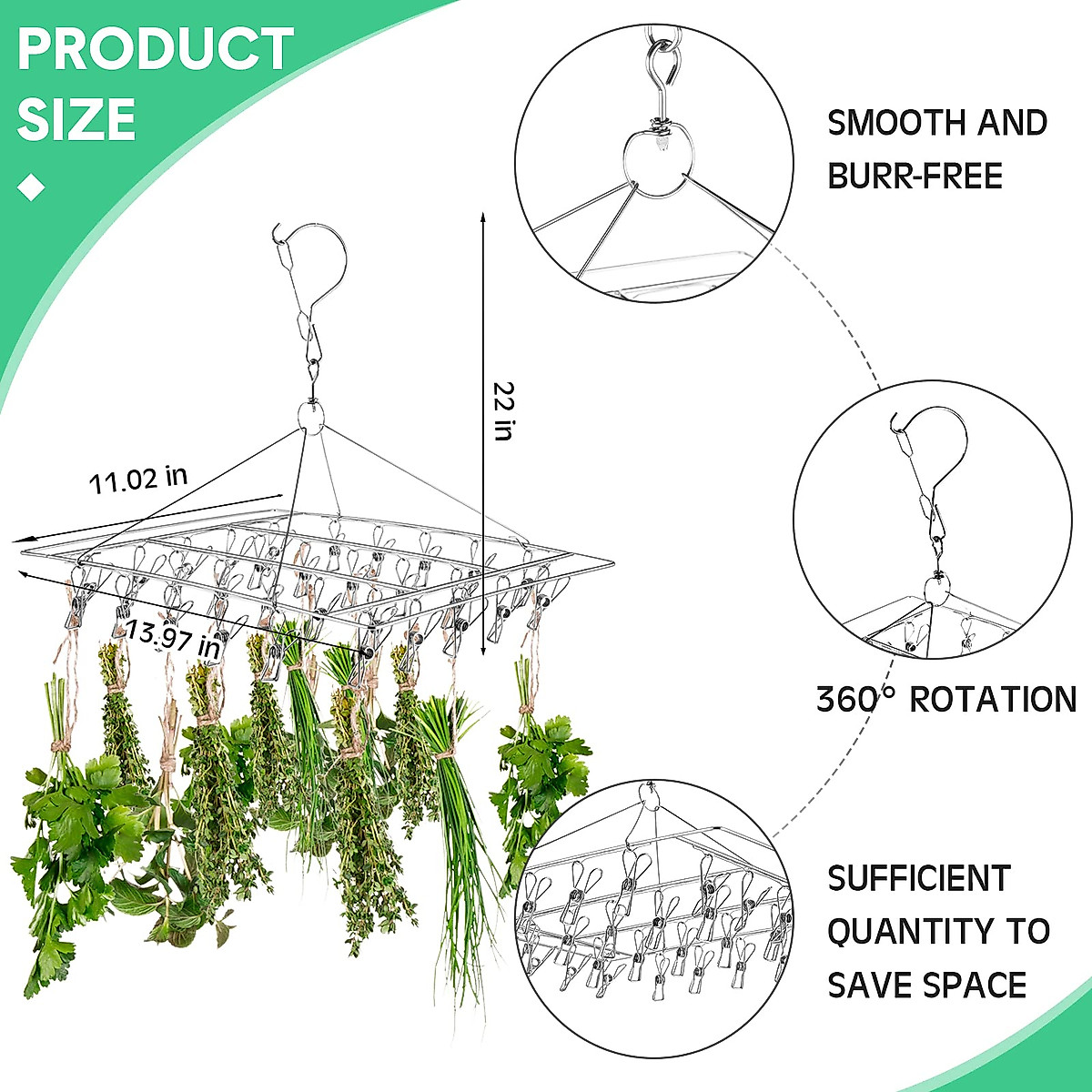 Bokon 4 Pcs Hanging Drying Rack for Herb Macrame Flower Drying Rack with 30 Stainless Clip Herb Dryer Hooks for Drying Herb Air Plants Spices Flowers Hydroponic Plants-Ready to Use with Ceiling Hook