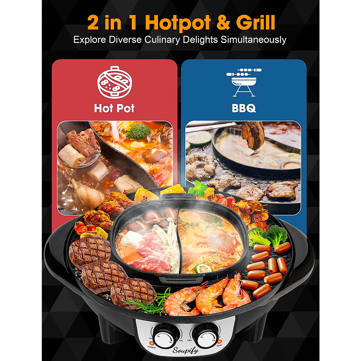 Soupify 2 in 1 Hot Pot with Grill, Electric Korean BBQ Grill, Independent Dual Temperature Control & Non-stick Pan, Multi-function Smokeless Barbecue Grill for Family and Friends Gathering