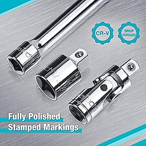 DURATECH 10-Piece Socket Accessory Kit, Includes 3/8” Drive Extension Bar Set, 1/4”, 3/8” & 1/2” Drive Universal Joints and Adapters, with EVA Foam Tool Organizer, Cr-V Steel Made