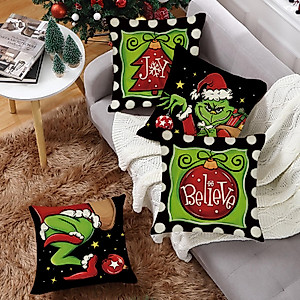 Fahrendom Merry Christmas Decorative Throw Pillow Covers 18 x 18 Set of 4, Xmas Pine Tree Ornament Joy Believe Porch Outdoor Pillowcase, Black Green Polka Dot Winter Holiday Cushion Case Home Decor