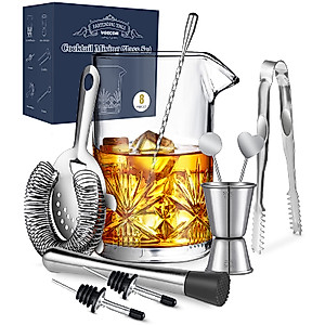Cocktail Mixing Glass, veecom 18oz Mixing Glass 10 Piece Old Fashioned Kit, Cocktail Mixing Glass Set Bartender Kit with Cocktail Strainer, Muddler, Spoon, Jigger, Ice Tongs, Picks, Pourers, Bar Set