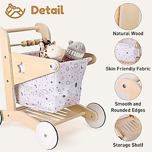 Woodtoe Wooden Baby Push Walker Doll Stroller, Adjustable Speed Shopping Cart Toddler Toys, Natural Wood Push and Pull Learning Walker Educational Birthday Toy for Boys Girls 1 2 3