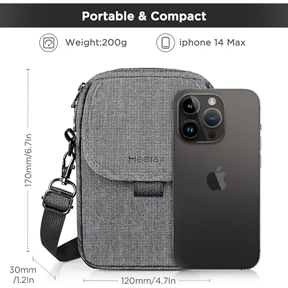Heelay Shoulder Travel Crossbody Side Bag with Arm Band,Fits iPhone and Android,Use for Running, Walking, Hiking & Biking 6.7 * 4.7In (Black)