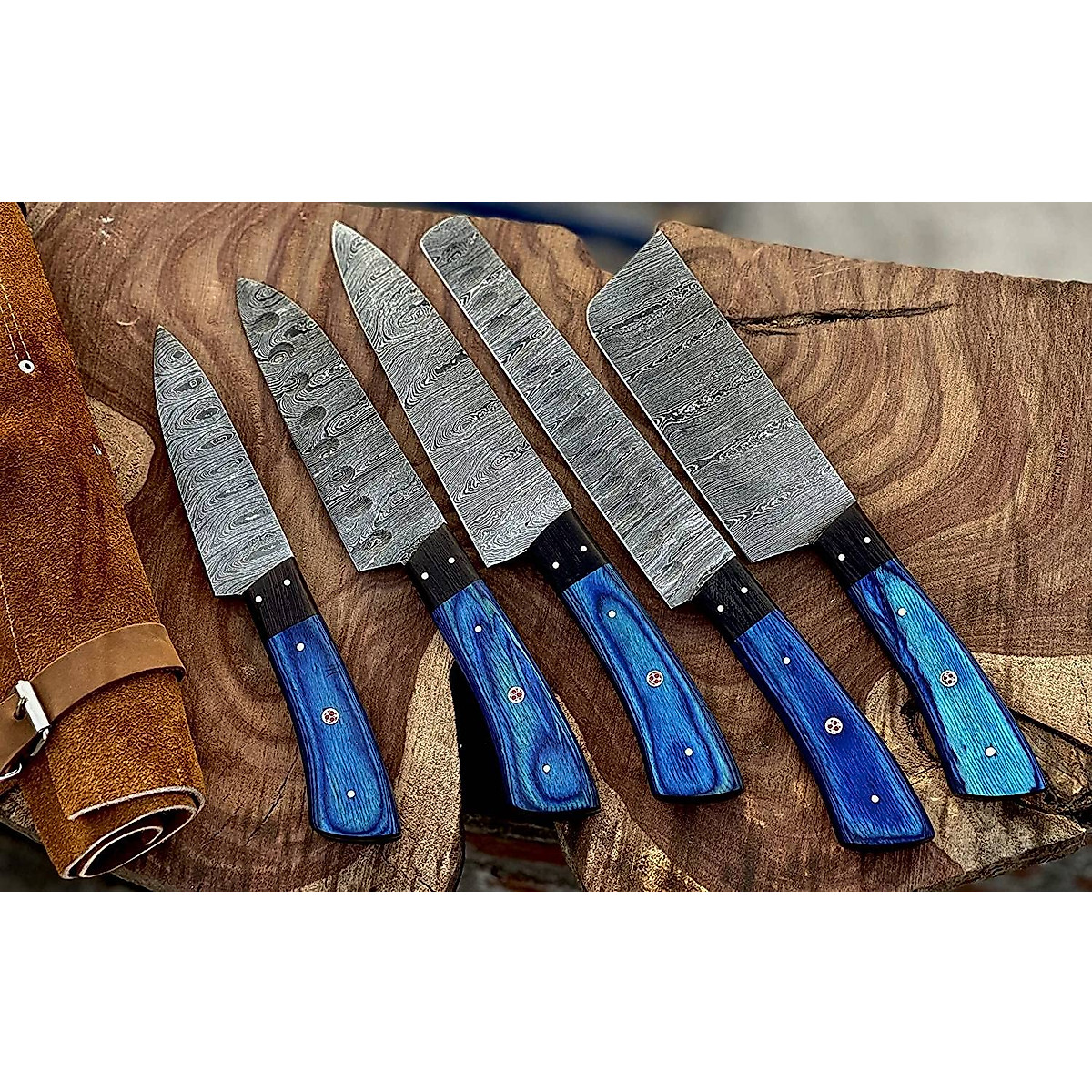 Handmade Damascus steel Chef Knives set with sharpener| 6 pcs of Professional Utility kitchen Knife Set with cleaver and leather Roll Bag