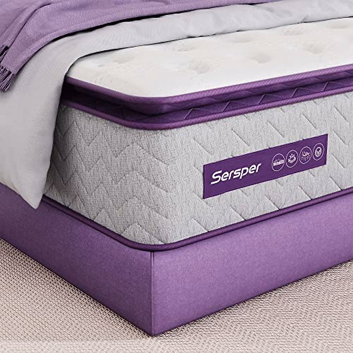 Sersper 12 Inch Memory Foam Hybrid Pillow Top Queen Mattress - 5-Zone Pocket Innersprings Motion Isolation - Heavier Coils for Durable Support - Medium Firm - R&D in North America