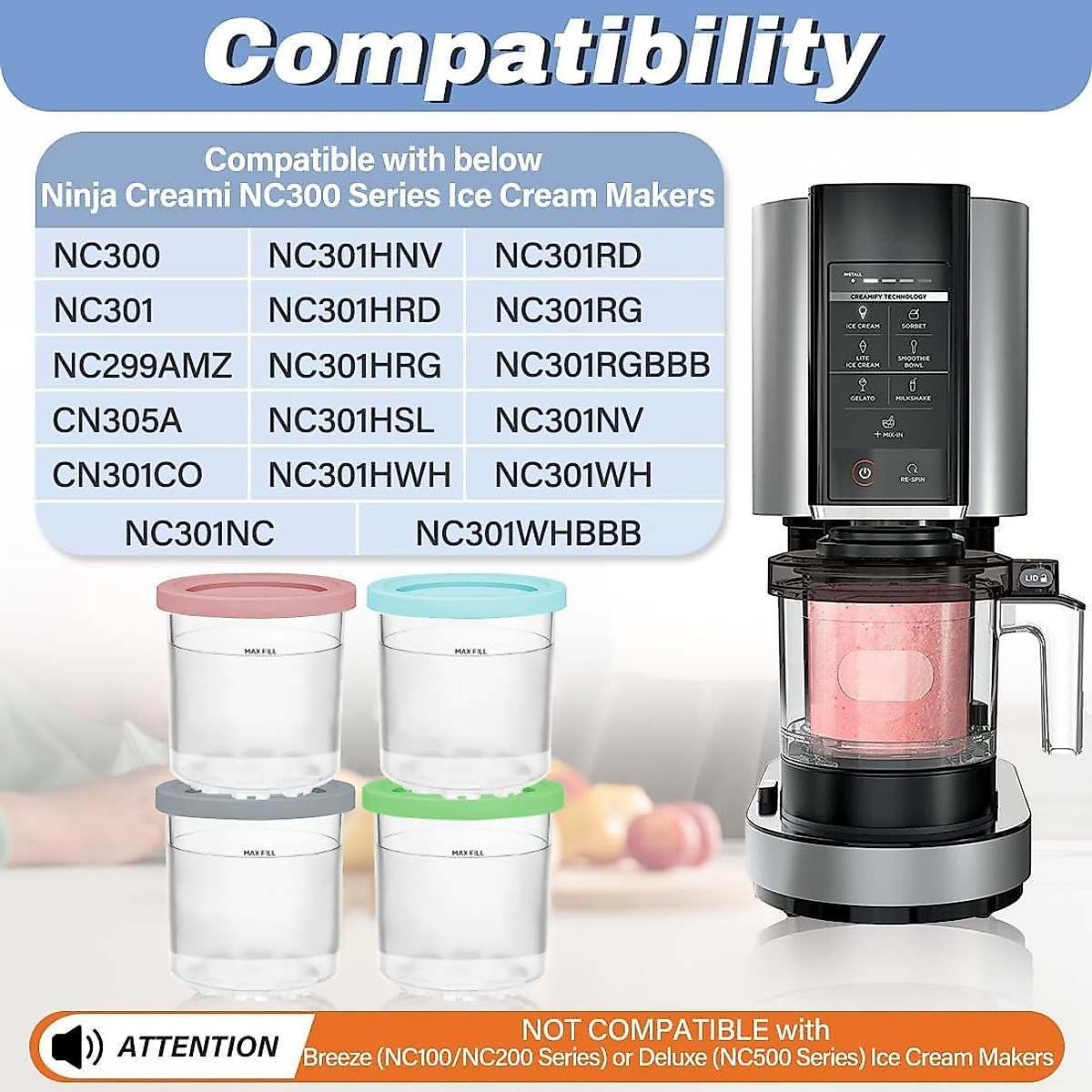 AFDLLDQM Containers Replacement for Ninja Creami Pints and Lids - 4 Pack, 16oz Cups Compatible with NC301 NC300 NC299AMZ NC290 Series Ice Cream Maker - BPA-Free & Dishwasher Safe