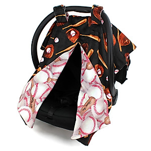 Dear Baby Gear Deluxe Reversible Car Seat Canopy, Custom Minky Print, Baseball Bat Glove
