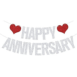 Happy Anniversary Banner, Silver Glitter Anniversary Sign, Wedding Anniversary Party Decorations Supplies Man Woman