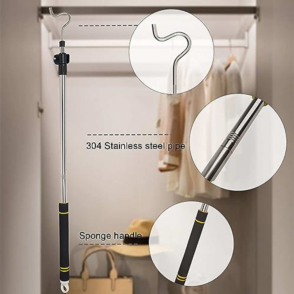 Greeily Clothes Hanger Reaching Hook Telescopic Adjustment clothes hook pole Light and can Extend from 37" to 65" with 4.7 "Hook and Sponge Handle.
