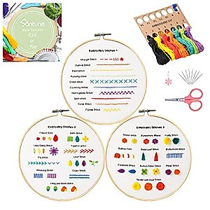 Santune Embroidery Kit - 3pcs Embroidery Patterns with Instructions for Beginners Cross Stitch Kits for Adults with 1 Embroidery Hoops, Color Threads and Needles, Good Hobbies for Women