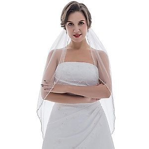 SAMKY 1T 1 Tier Crystal Pearl Wave Beaded Veil - Light Ivory Fingertip Length 36" V507