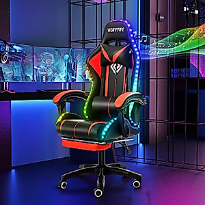 HOFFREE Gaming Chair with Bluetooth Speakers and Lights Ergonomic Computer Massage Gaming Chair with LED RGB Lights Footrest High Back Music Video Game Chair with Lumbar Support Red and Black