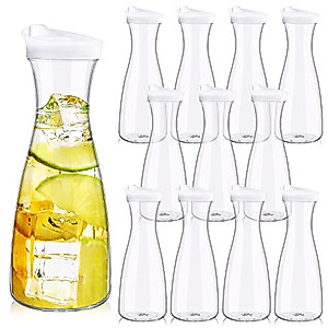 12 Packs Plastic Carafe with Lids 34 oz Clear Mimosa Juice Containers Acrylic Beverage Carafe Pitcher Drink Containers for Fridge Outdoor Iced Tea Powdered Juice Milk Coffee Party Mimosa Bar