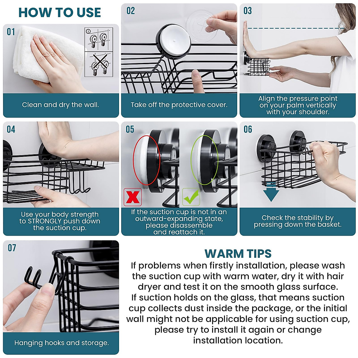 TAILI Shower Caddy Suction Cup 2 Pack with Hooks & Soap holder, Heavy Duty Shower Organizer for Bathroom, No Drilling Black Shower Shelves for Inside Shower, Black Metal Shower Holder