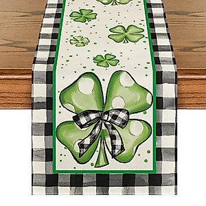 Artoid Mode Buffalo Plaid Dots Shamrocks St.Patrick's Day Table Runner, Seasonal Kitchen Dining Table Runner for Home Party Decor 13x72 Inch