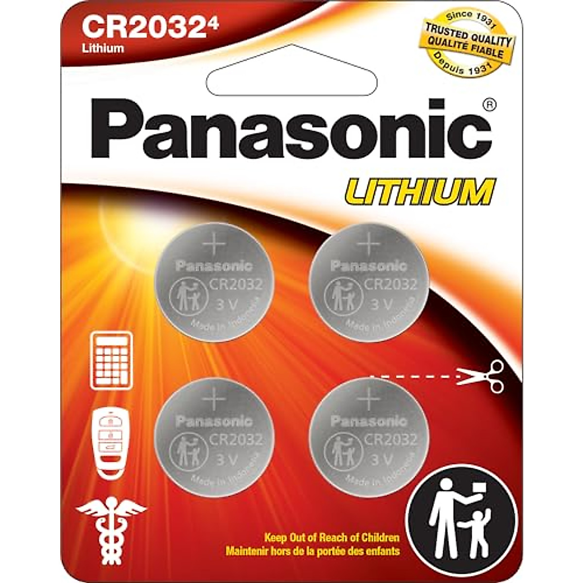 Panasonic CR2032 3.0 Volt Long Lasting Lithium Coin Cell Batteries in Child Resistant, Standards Based Packaging, 4-Battery Pack